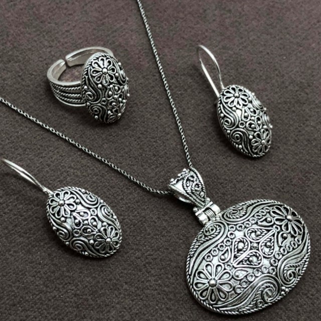Fine Silver Jewelry Set Embroidered Necklace, Earrings, Adjustable Ring ...